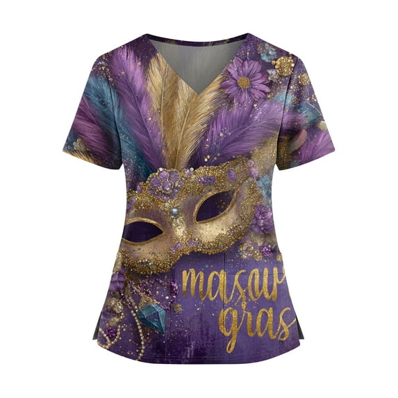 Fgvctg Mardi Gras Scrub Tops Women Soft V Neck Short Sleeve Scrub Top ...