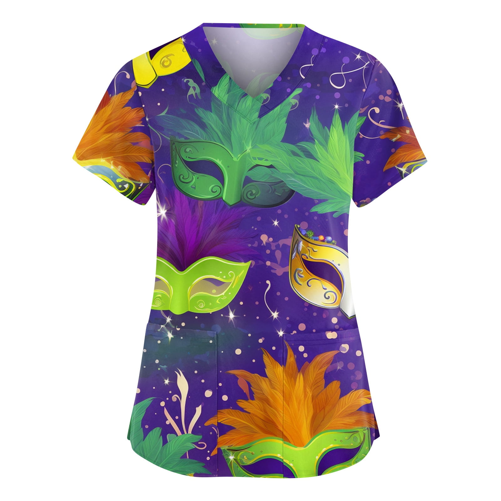 Fgvctg Mardi Gras Scrub Tops Women Stretchy V Neck Short Sleeve Scrub ...