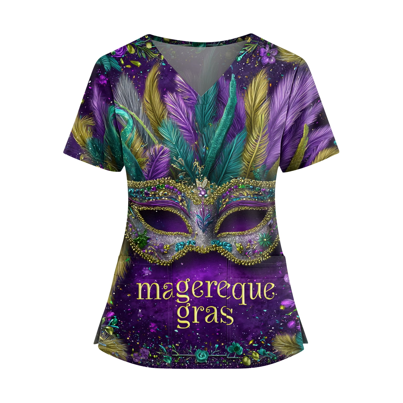 Fgvctg Mardi Gras Scrubs for Women Stretchy V Neck Short Sleeve Scrubs ...