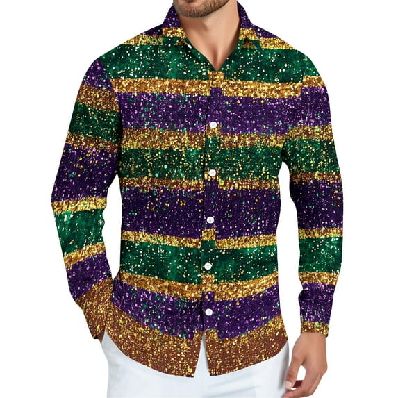 Fgvctg Mardi Gras Shirts for Men Button Down V Neck Carnival Party Long ...