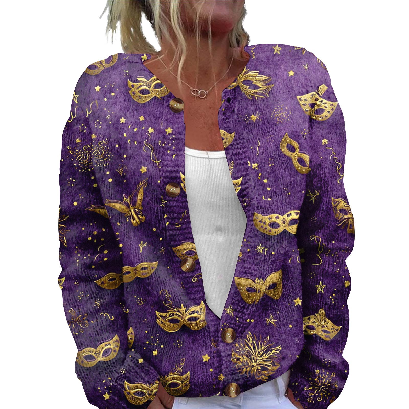 Fgvctg Mardi Gras Womens Cardigan Carnival Party Open Front Cute Mask ...