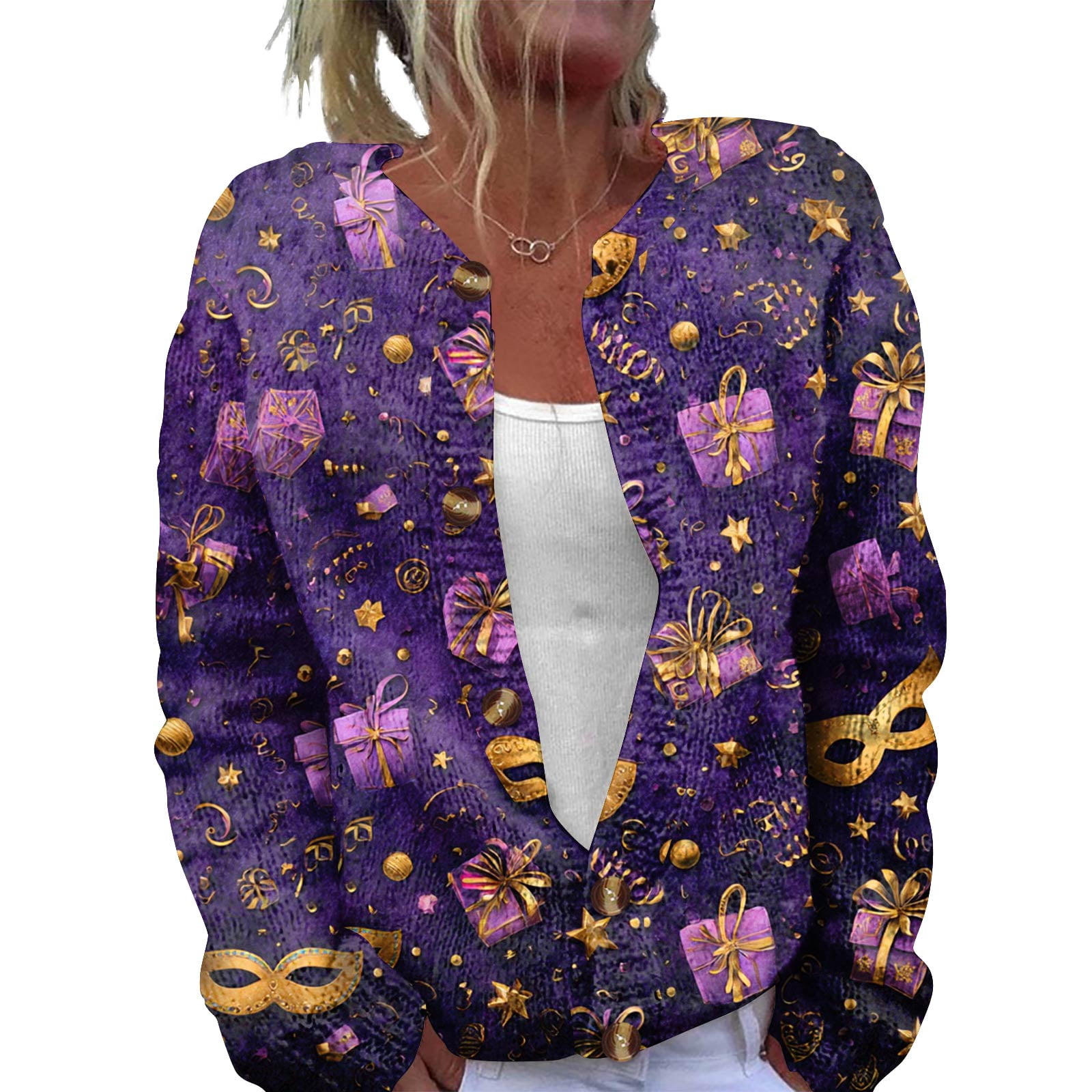 Fgvctg Mardi Gras Womens Cardigan Carnival Party Open Front Lucky Cute ...