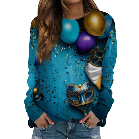 Fgvctg Mardi Gras Womens Fall Tops Dressy Casual Long Sleeve Crewneck ...