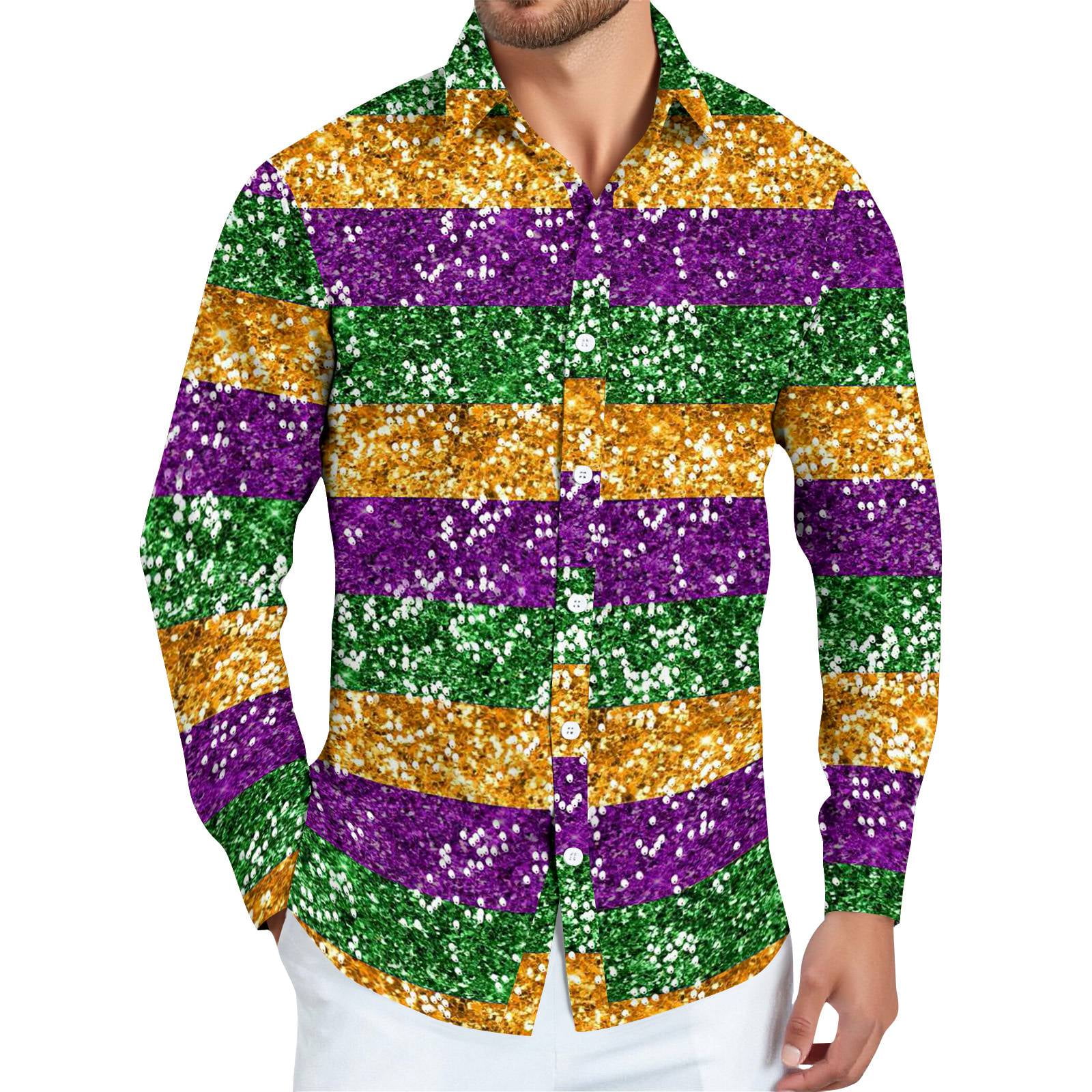 Fgvctg Mens Mardi Gras Shirts Carnival Party Long Sleeve V Neck Button ...