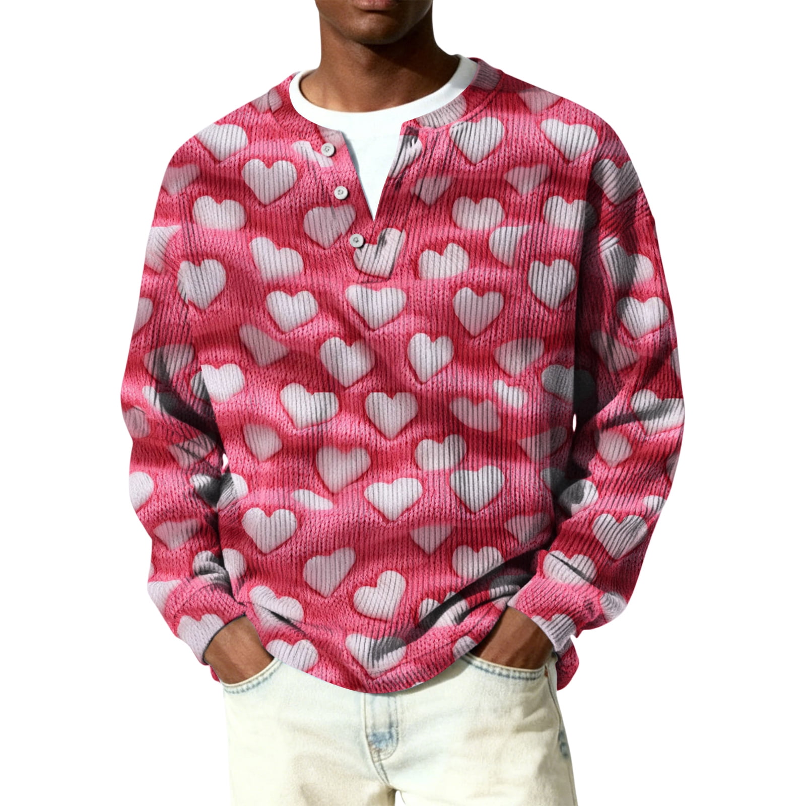 Fgvctg Mens Romantic Valentine's Day Sweater Ribbed Knit Button Down ...