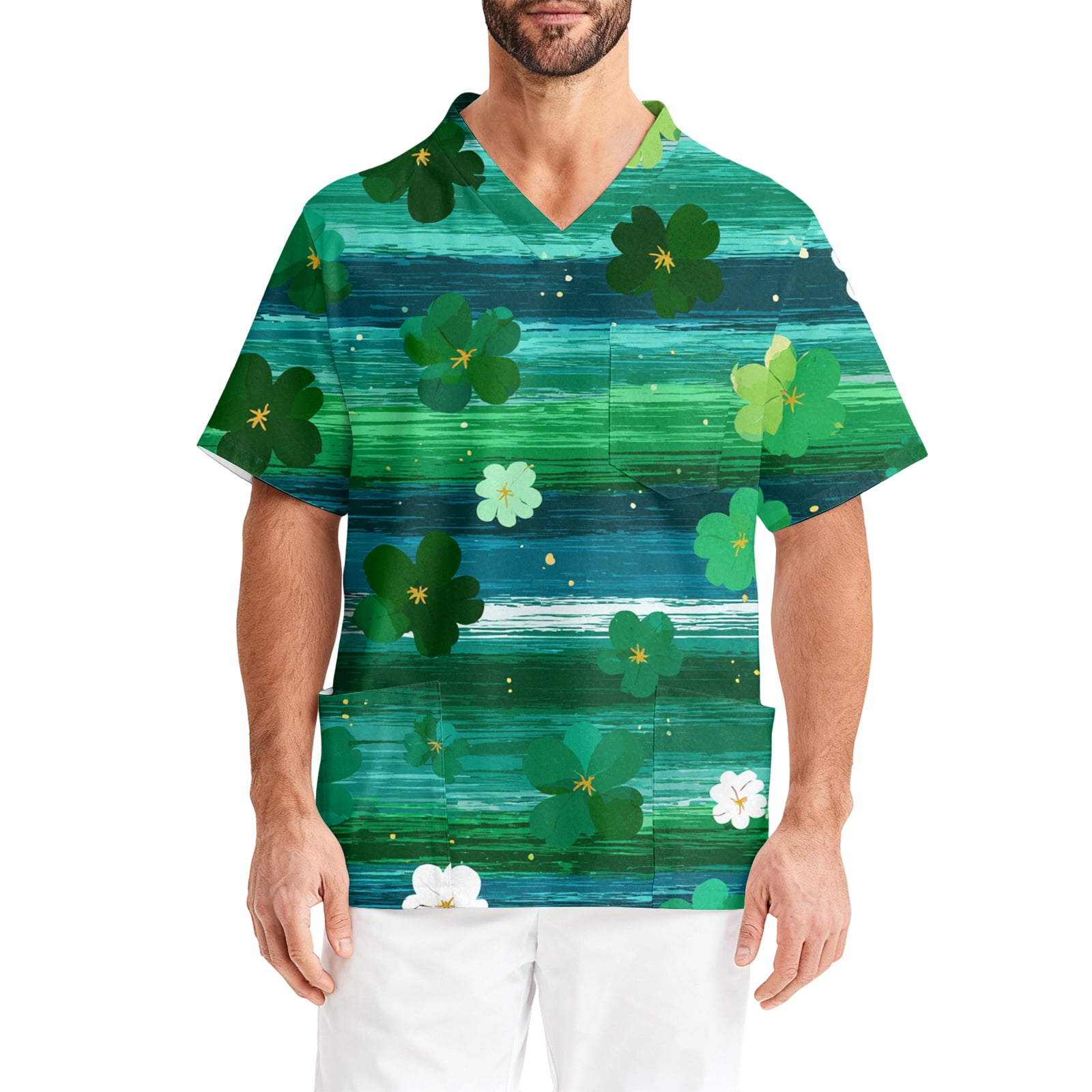 Fgvctg Mens St. Patrick's Day Scrub Tops V Neck Cute Shamrock Clover ...