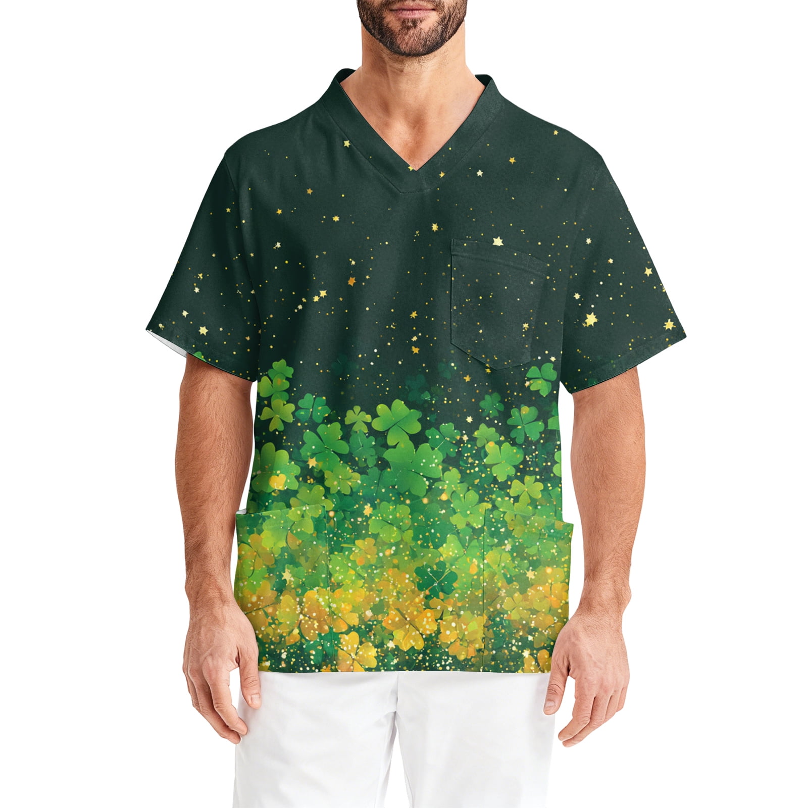 Fgvctg Mens St. Patrick's Day Scrub Tops V Neck Cute Shamrock Printed ...