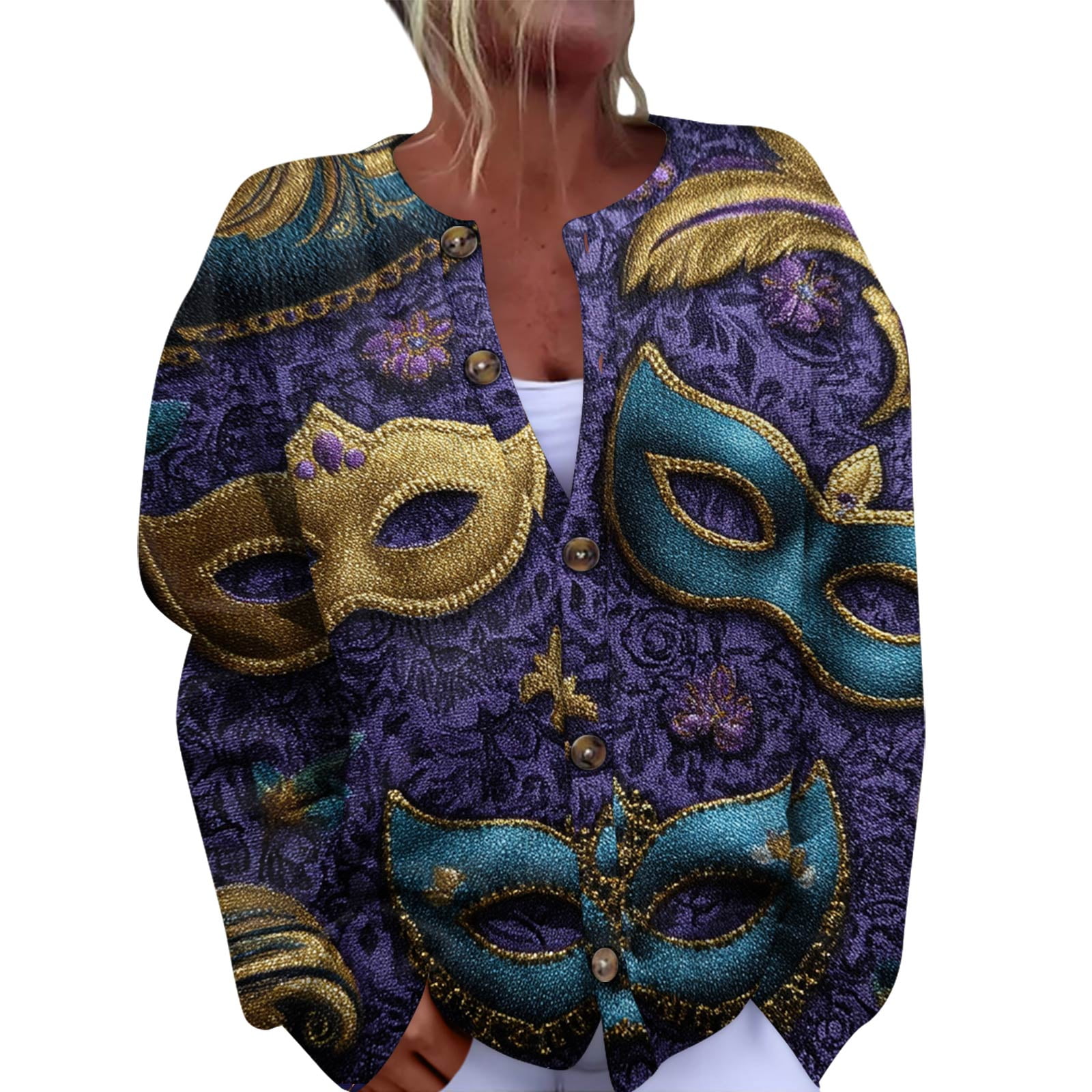 Fgvctg Oversized Cardigan Sweaters for Women Mardi Gras Mask Print ...