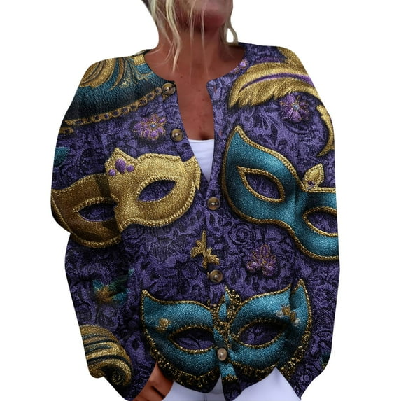 Fgvctg Oversized Cardigan Sweaters for Women Mardi Gras Mask Print ...