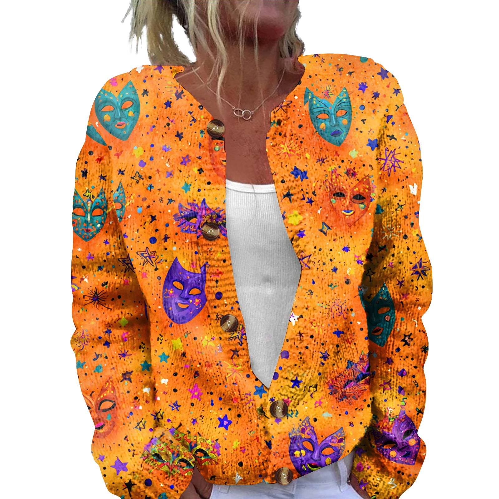 Fgvctg Oversized Cardigan Sweaters for Women Mardi Gras Mask Print ...
