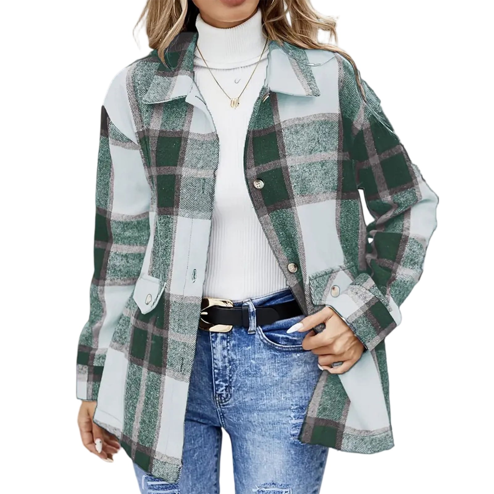 Fgvctg Shacket Women Pretty Plaid Coats Lapel Button Down Wool Blend ...