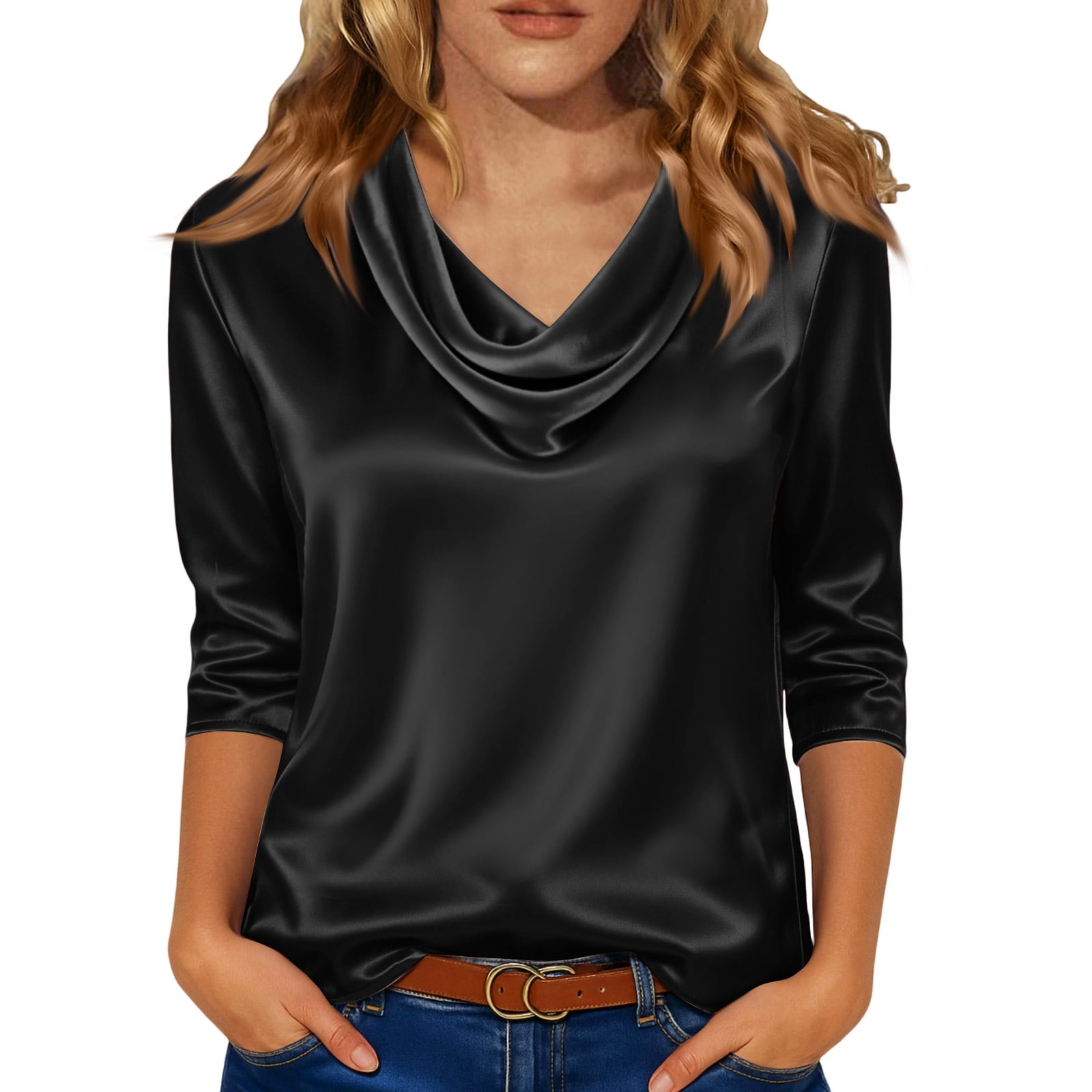 Fgvctg Silk Satin Women Tops Classy Pure Color Long Sleeve Tops ...