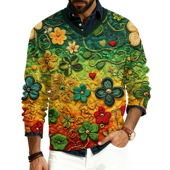 Fgvctg St. Patrick's Day Mens Sweater Ribbed Knit V Neck Sweaters Lucky ...