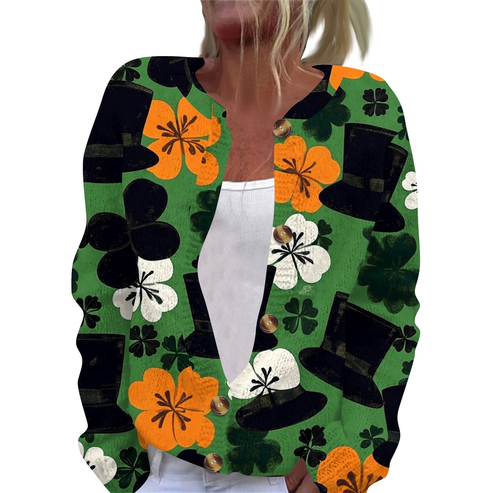 Fgvctg St. Patrick's Day Womens Cardigan Open Front Cute Shamrock ...