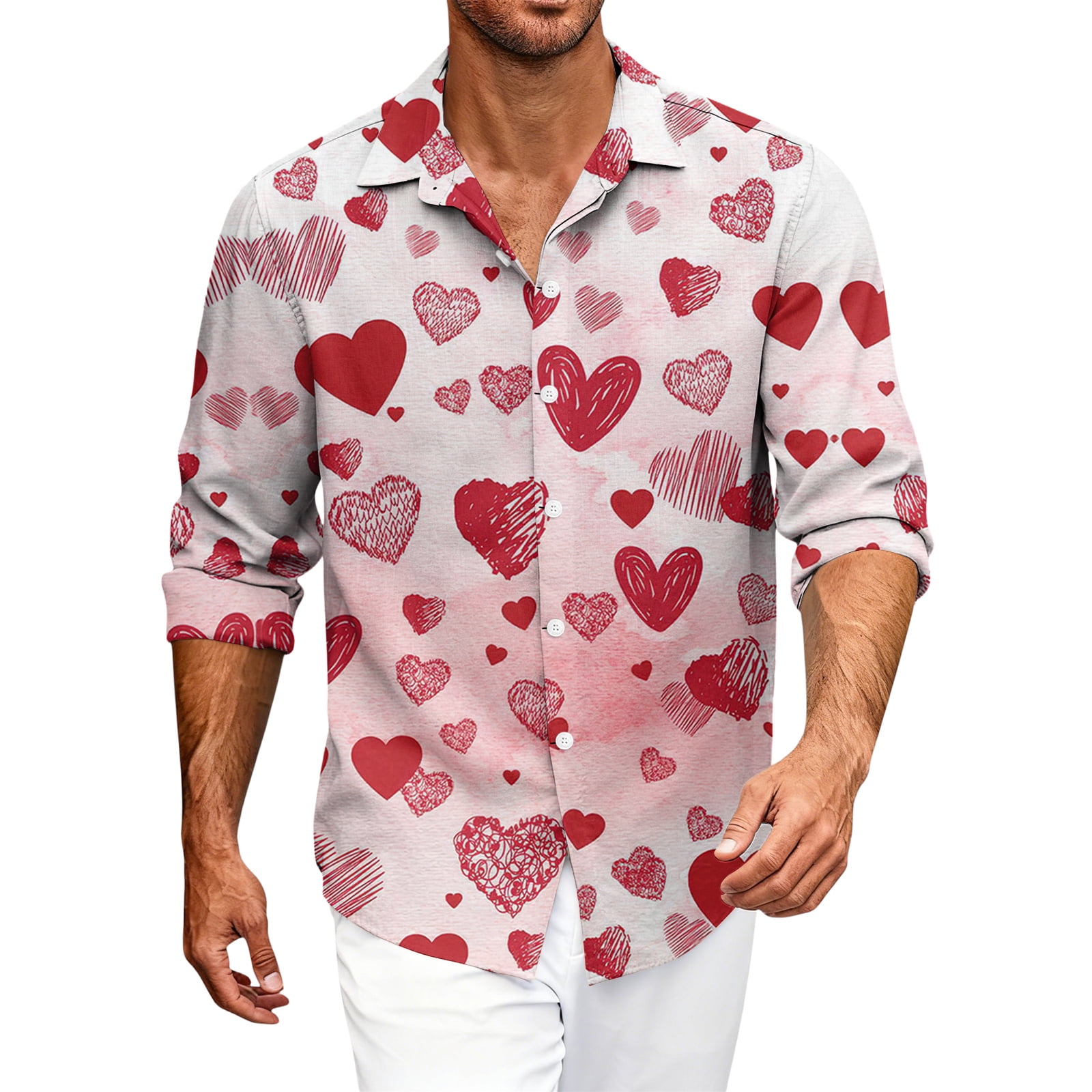Fgvctg Valentine's Day Button Up Shirt Men Button Down V Neck Long ...