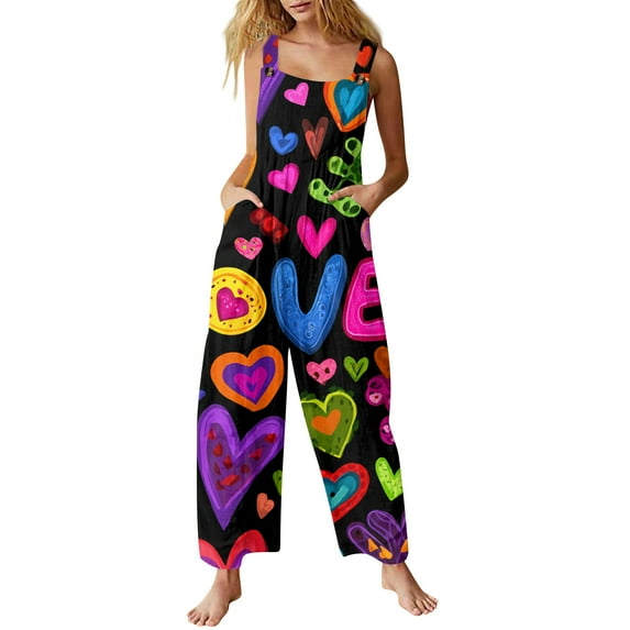 Fgvctg Valentine's Day Womens Jumpsuits Wide Leg Pant Trendy Love Heart ...