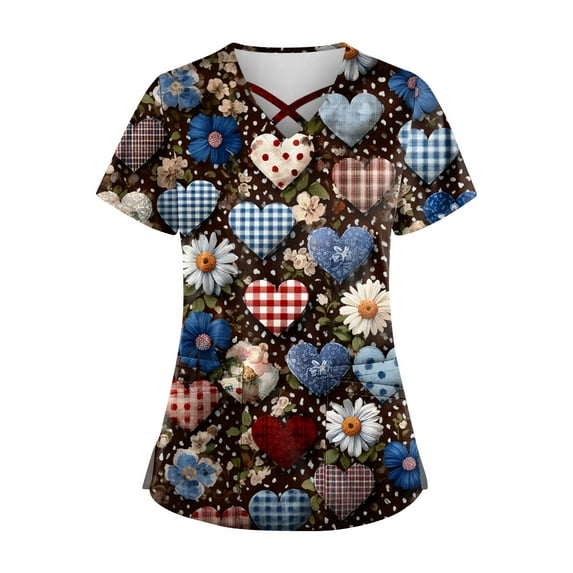 Fgvctg Valentine's Day Womens Scrubs V Neck Cute Love Heart Print ...