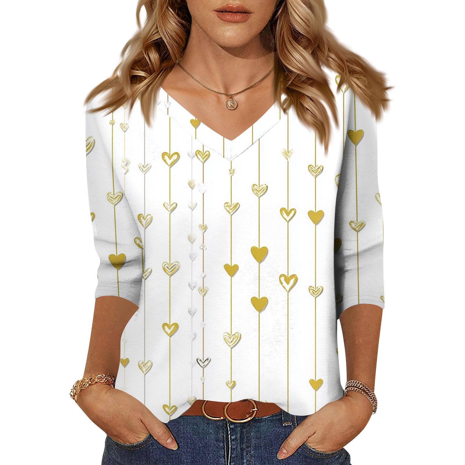 Fgvctg Valentine's Day Womens Spring Tops Casual 3/4 Sleeve V Neck Tops ...