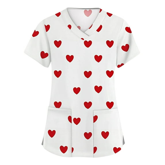 Fgvctg Valentines Day Scrub Tops Women Cute Love Heart Graphic V Neck ...