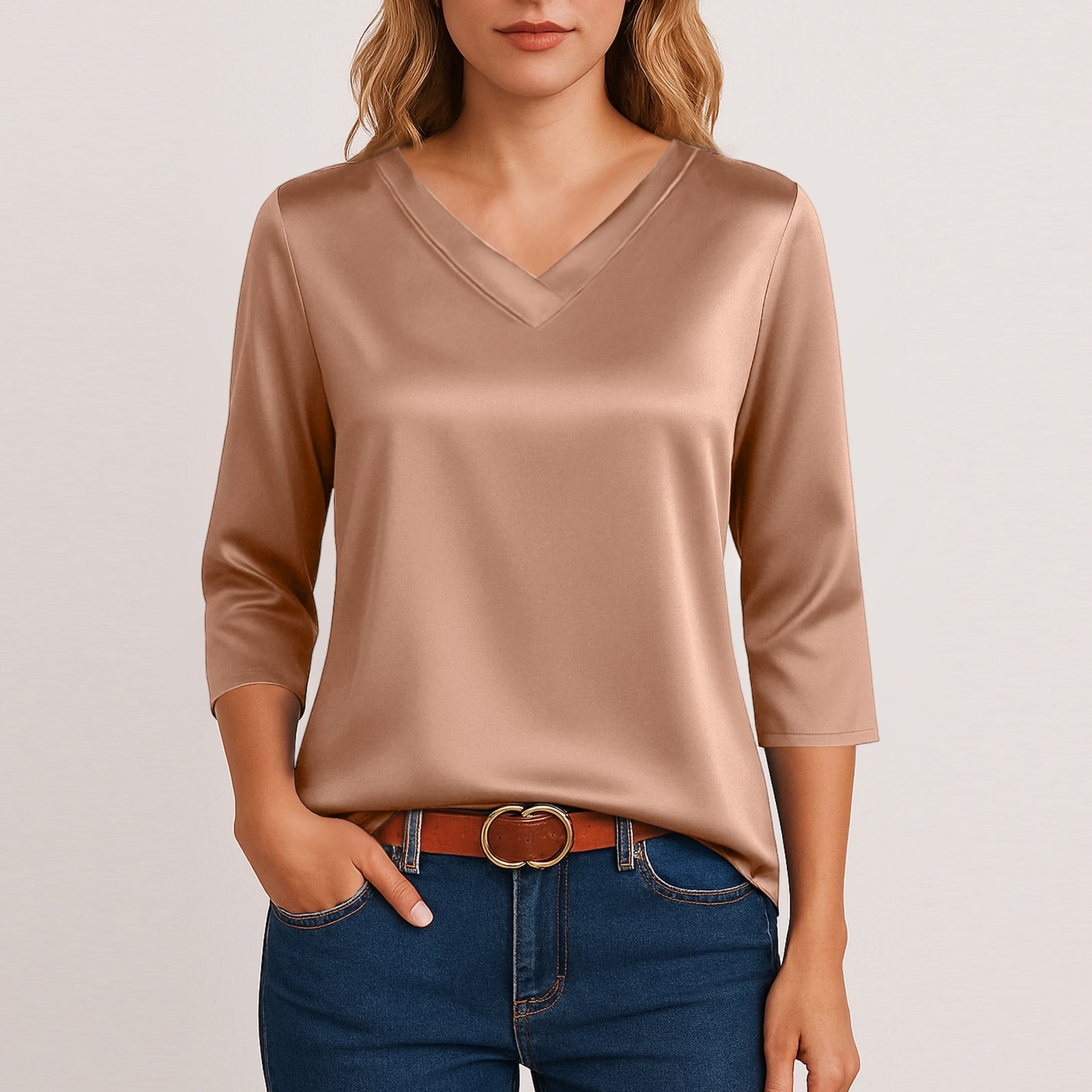 Fgvctg Women Silk Satin Tops Classy Pure Color Long Sleeve Tops V Neck ...