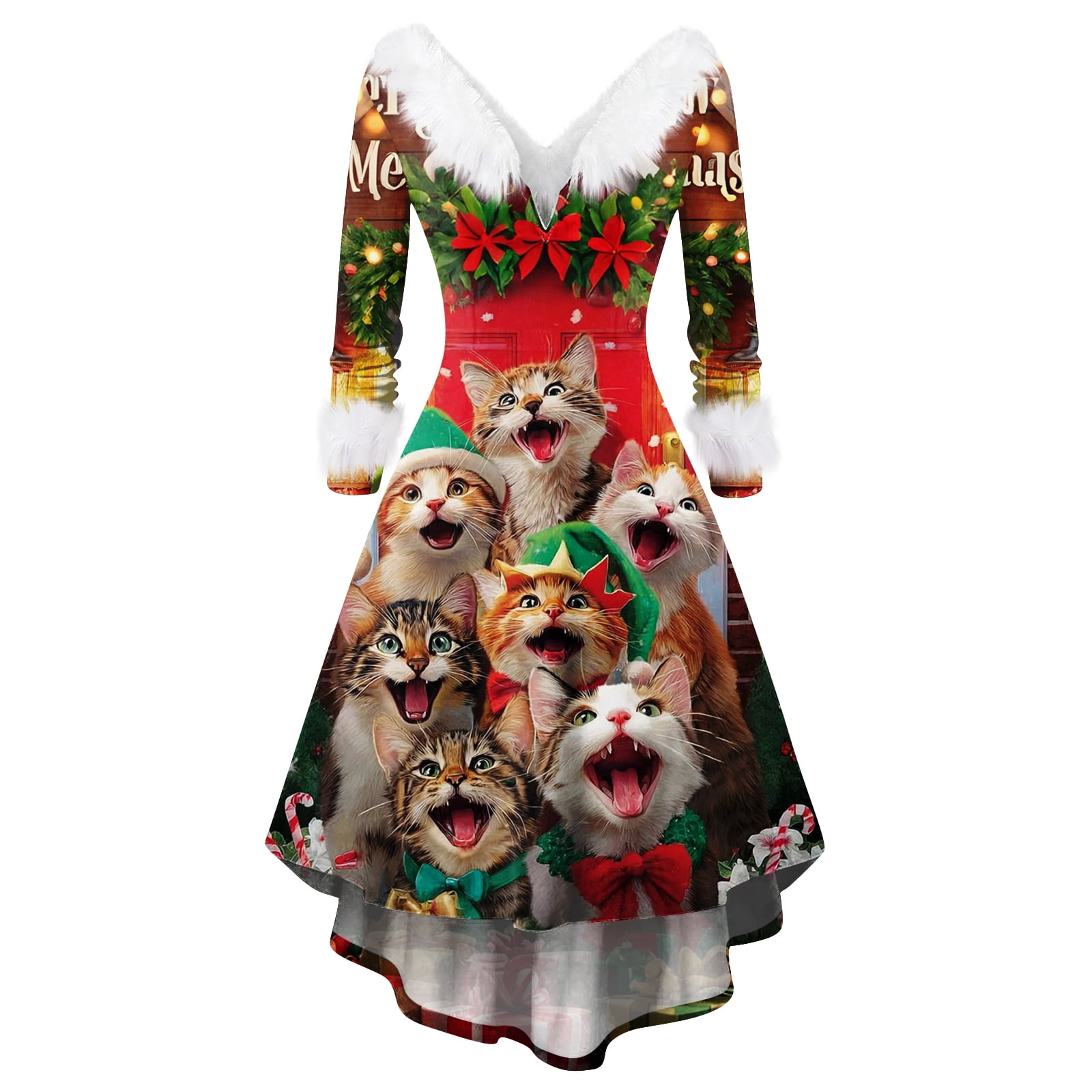 Fgvctg Womens Christmas Wedding Guest Dress Ugly Furry V-Neck Cocktail ...