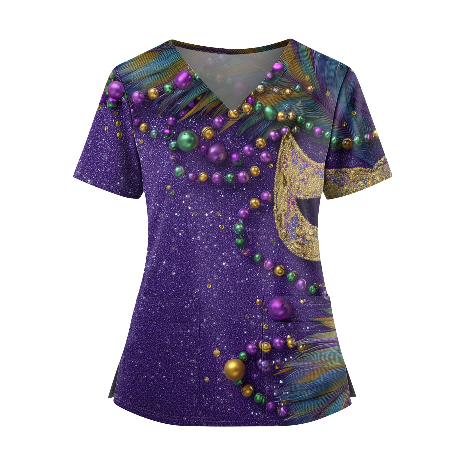 Fgvctg Womens Mardi Gras Scrub Tops Carnival Mask Print Scrubs V Neck ...