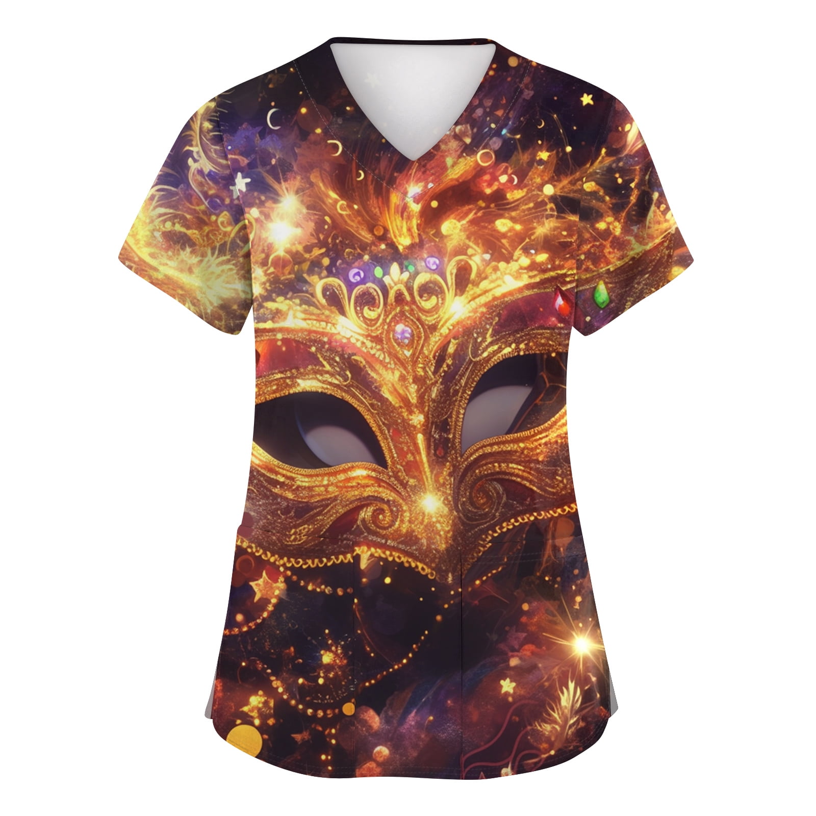 Fgvctg Womens Mardi Gras Scrub Tops Carnival Mask Printed Scrub V Neck ...
