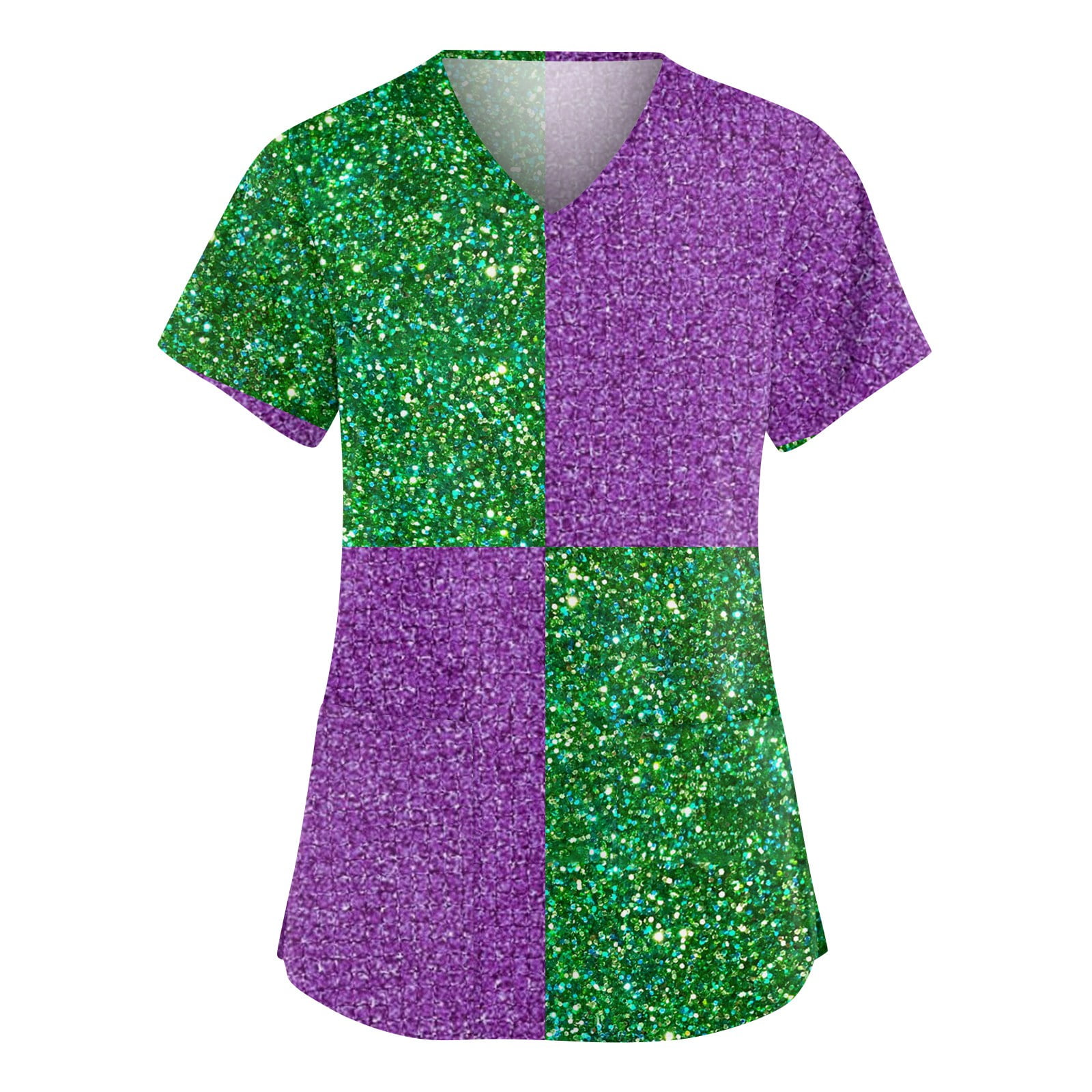 Fgvctg Womens Mardi Gras Scrub Tops Holiday V Neck Short Sleeve Scrub ...