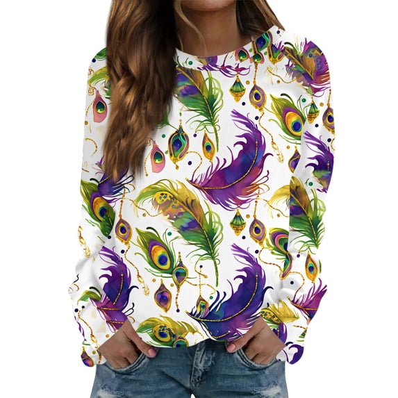 Fgvctg Womens Mardi Gras Tops Dressy Casual Long Sleeve Crewneck Shirt ...