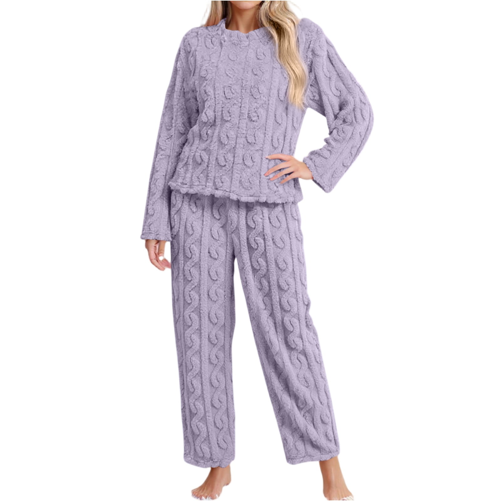 Fgvctg Womens Pajamas Soft Fleece Pjs Set 2 Piece Knit Ribbed Lounge ...