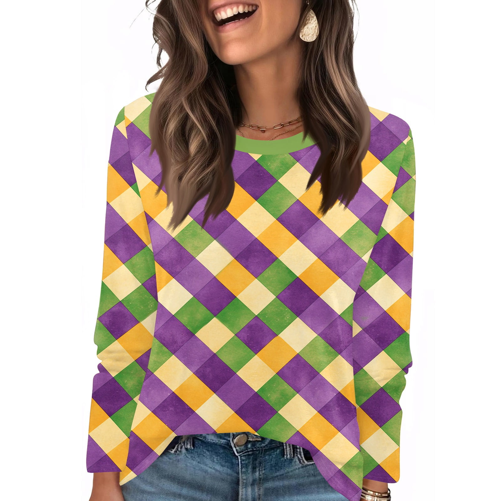 Fgvctg Womens Plus Size Mardi Gras Tops Dressy Casual Long Sleeve ...