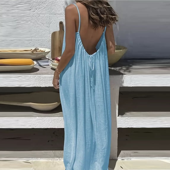 Fgvctg Womens Summer Sleeveless Backless Cami Dresses Solid Color Maxi ...
