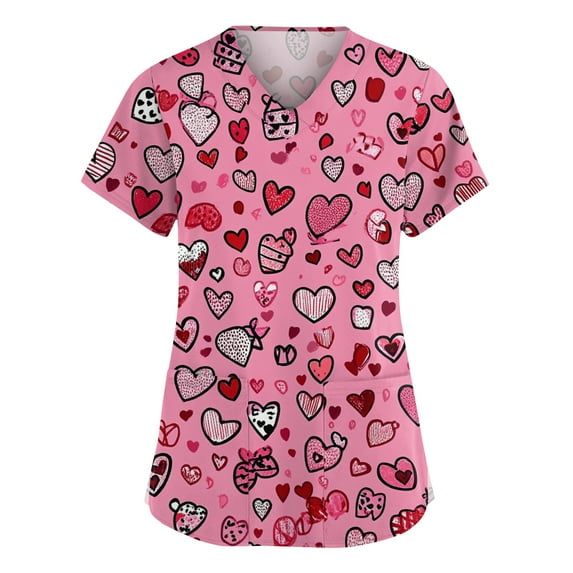 Fgvctg Womens Valentine's Day Scrub Tops Cute Love Heart Printed V Neck ...