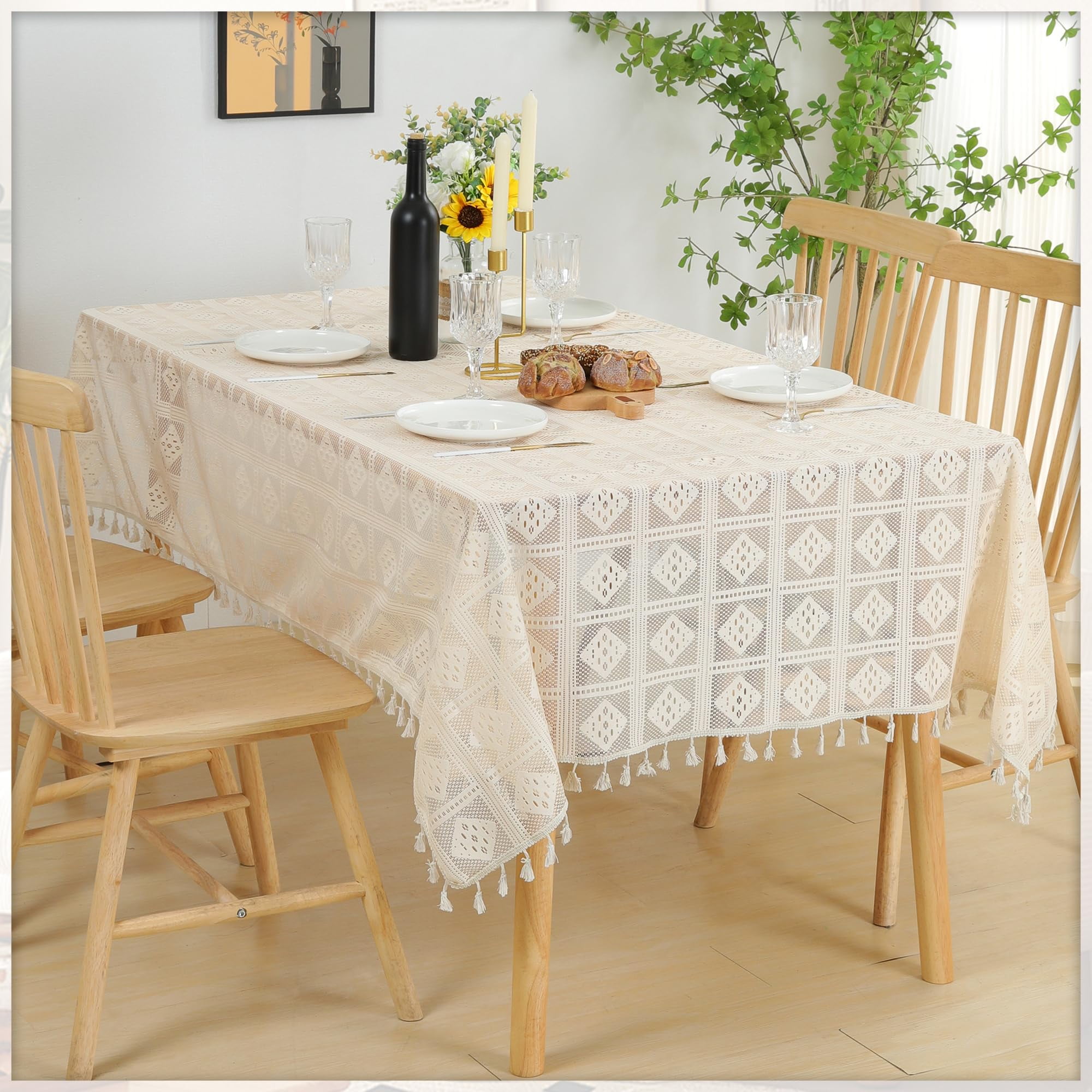 Fhberni Beige Chrochet Lace Tablecloths Rectangle Table Cloths Openwork ...