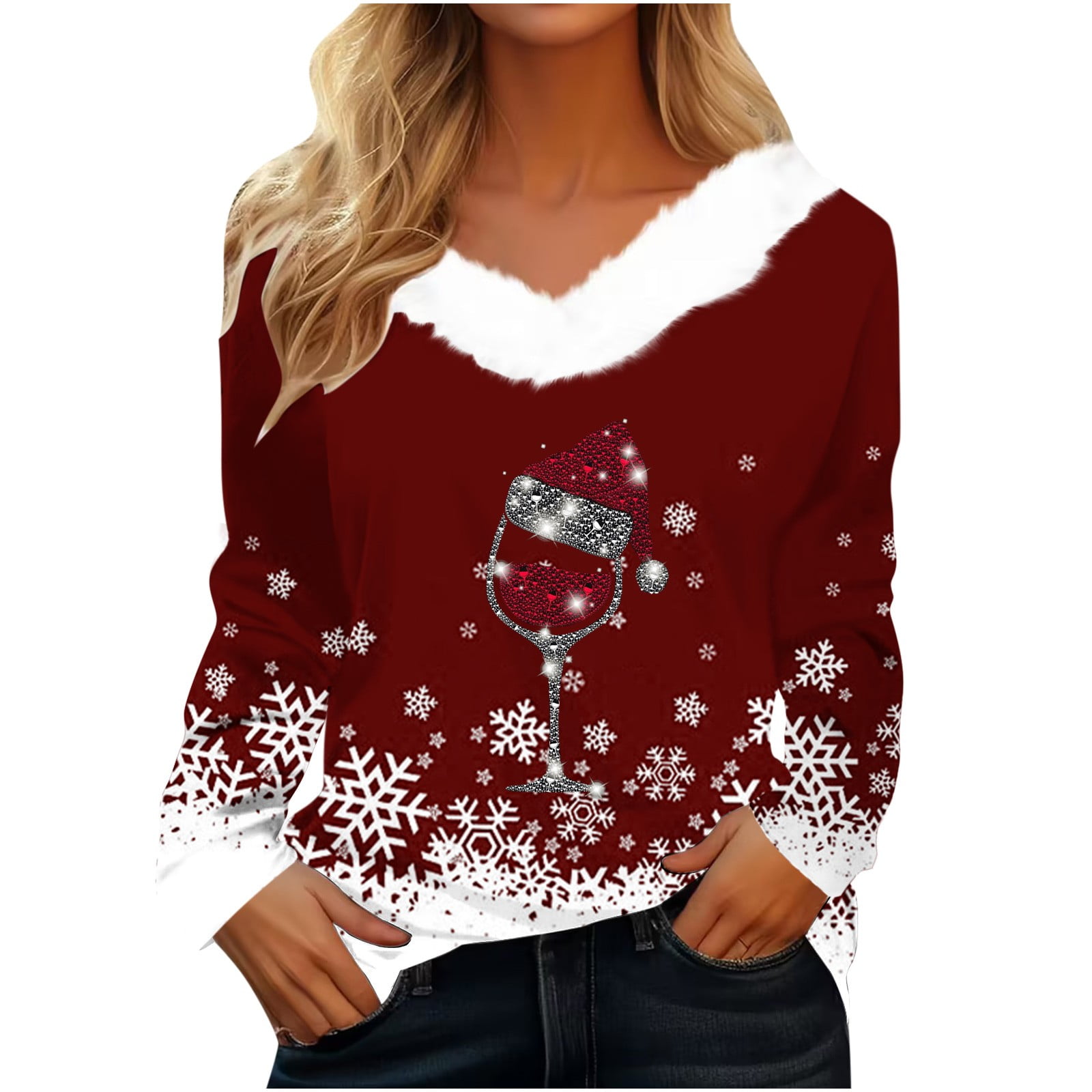 Fheaev Ugly Christmas Sweaters For Women Graphic Printed Plush V-Neck ...