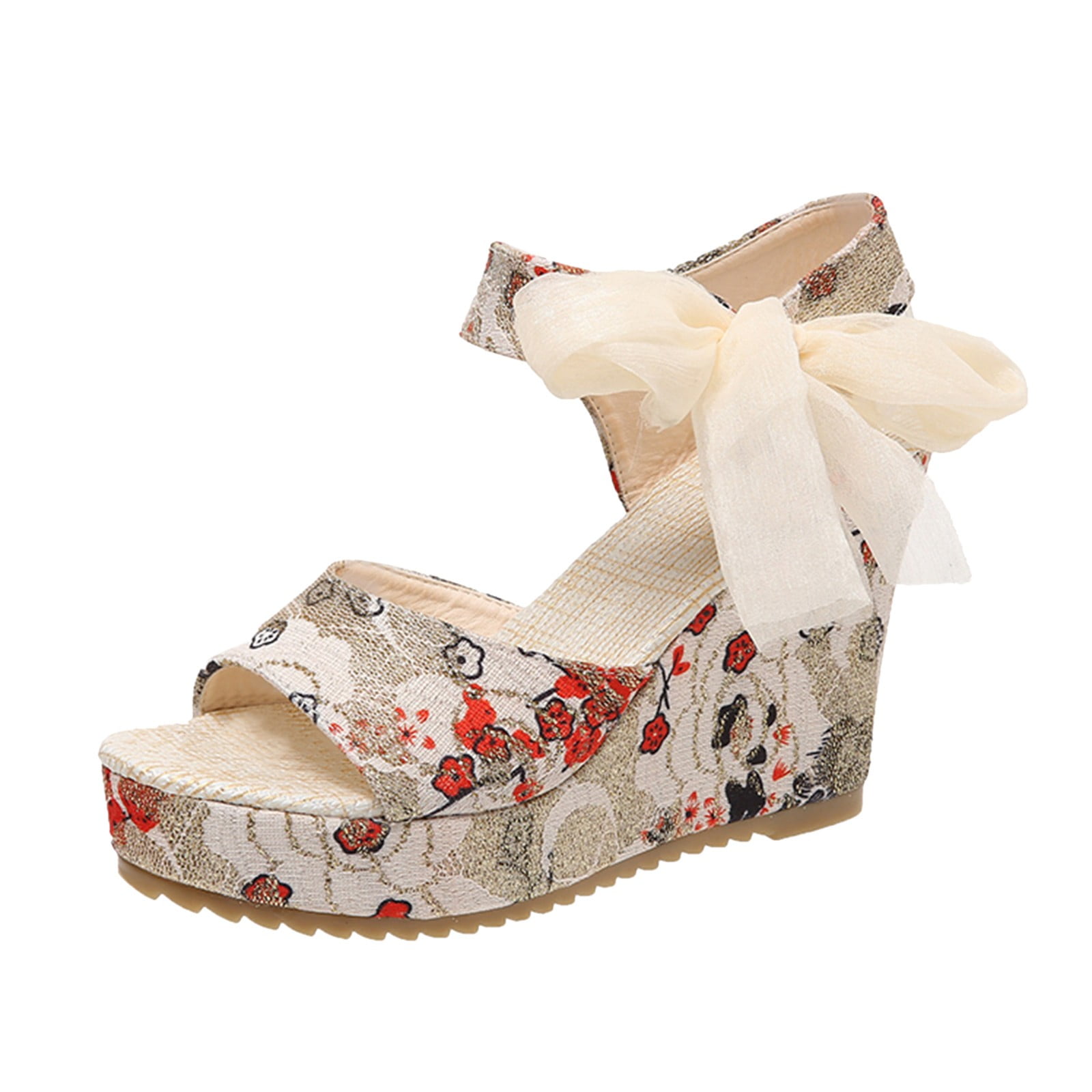 FhgihG Ladies Fashion Flower Print Cloth Sandals Platform Wedge Fish ...