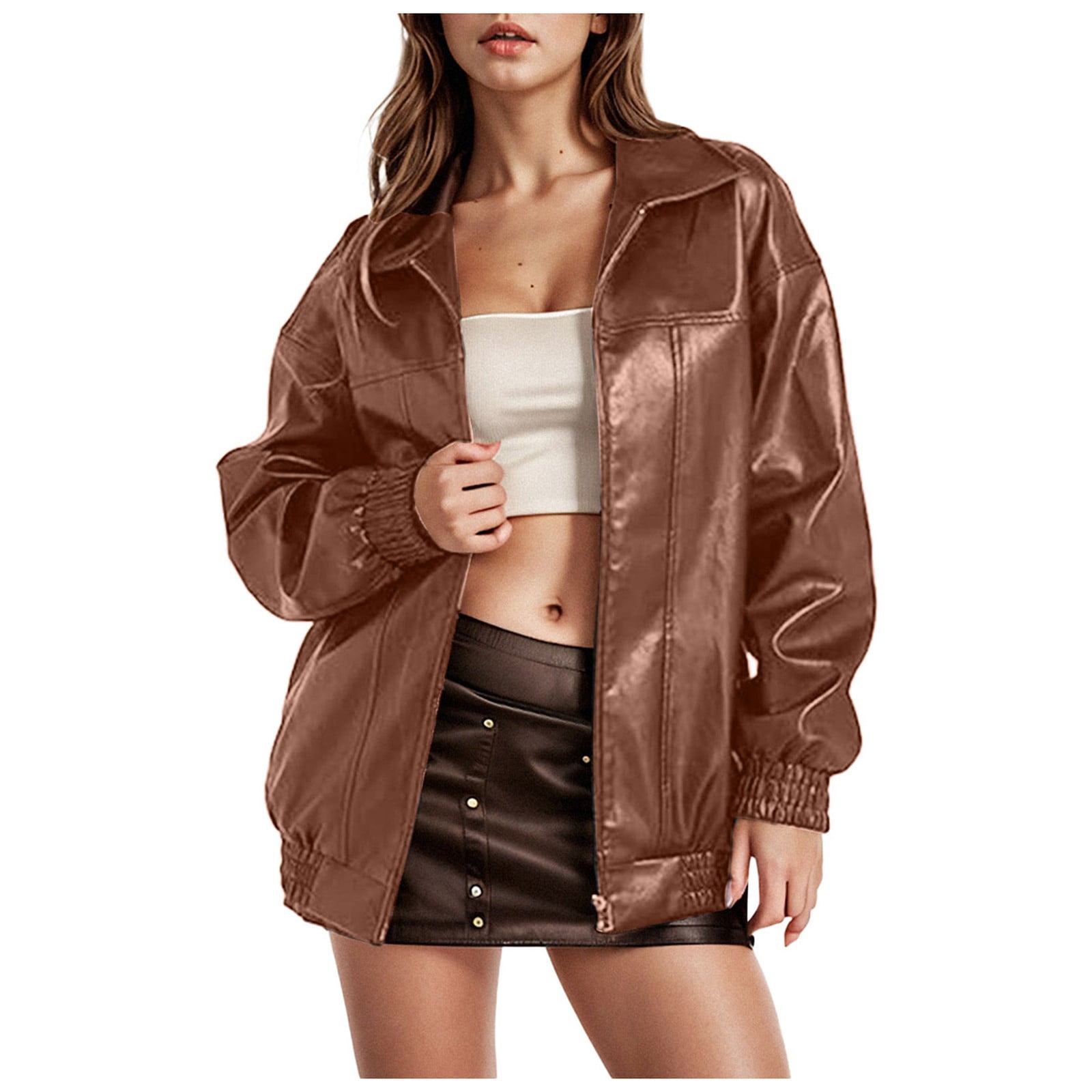 FhgihG Oversized Leather Motorcycle Jacket Zipper Closure Casual Spring ...