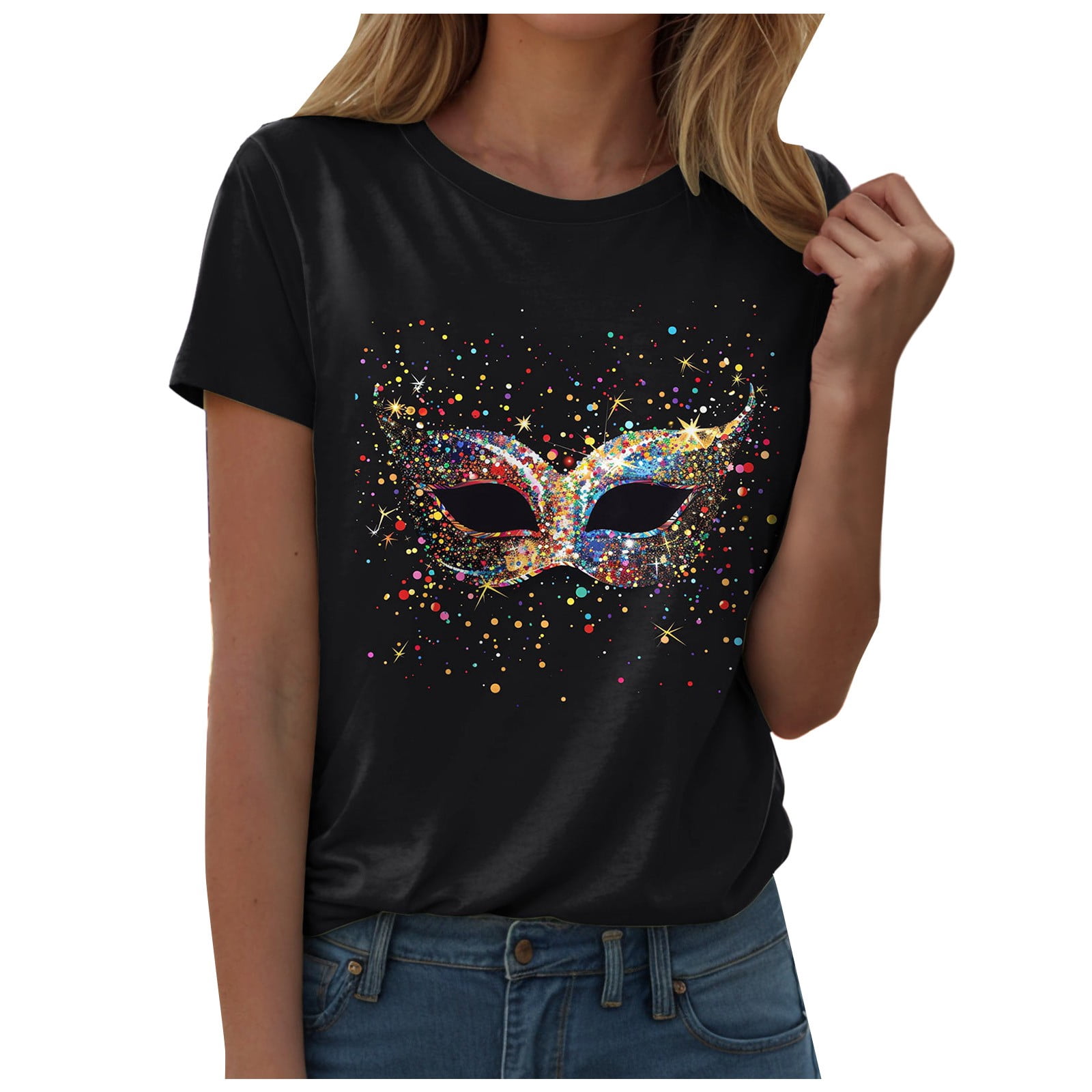 FhgihG Women's Round Neck T-Shirt Mardi Gras Masks and Beads Short ...