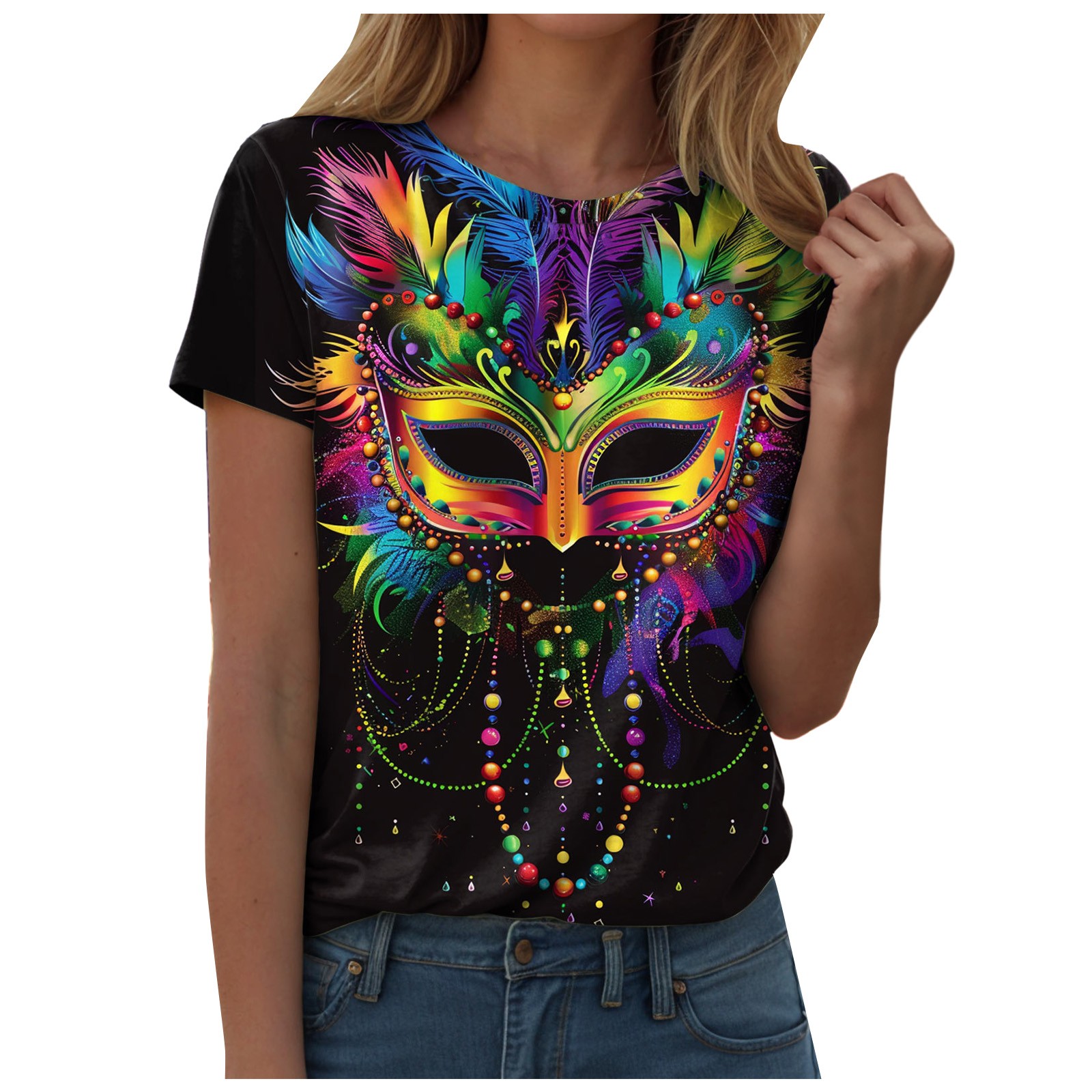 FhgihG Women's Round Neck T-Shirt Mardi Gras Masks and Beads Short ...