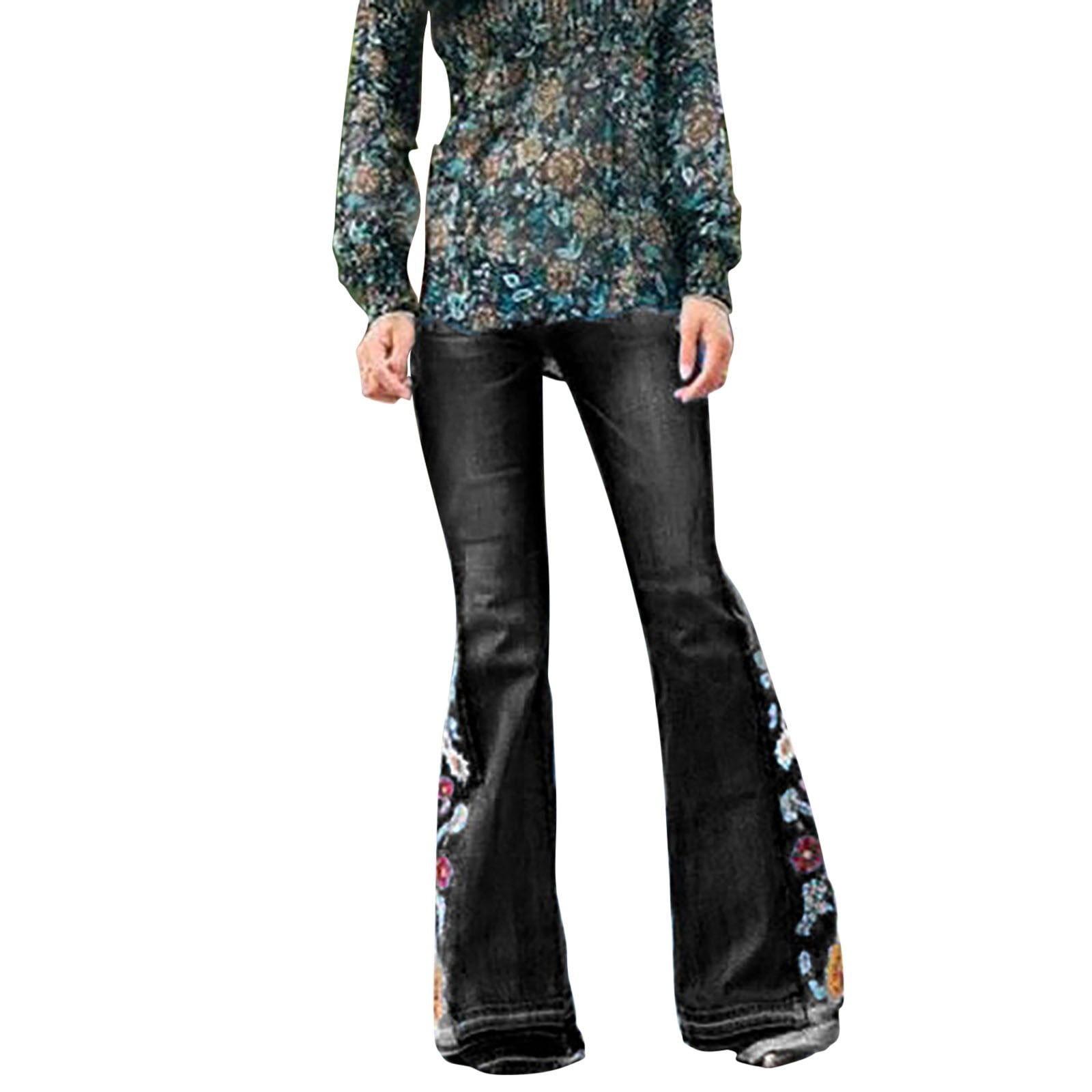 FhgihG Womens Chic Floral Embroidered High-Rise Bell Bottom Flare Jeans ...