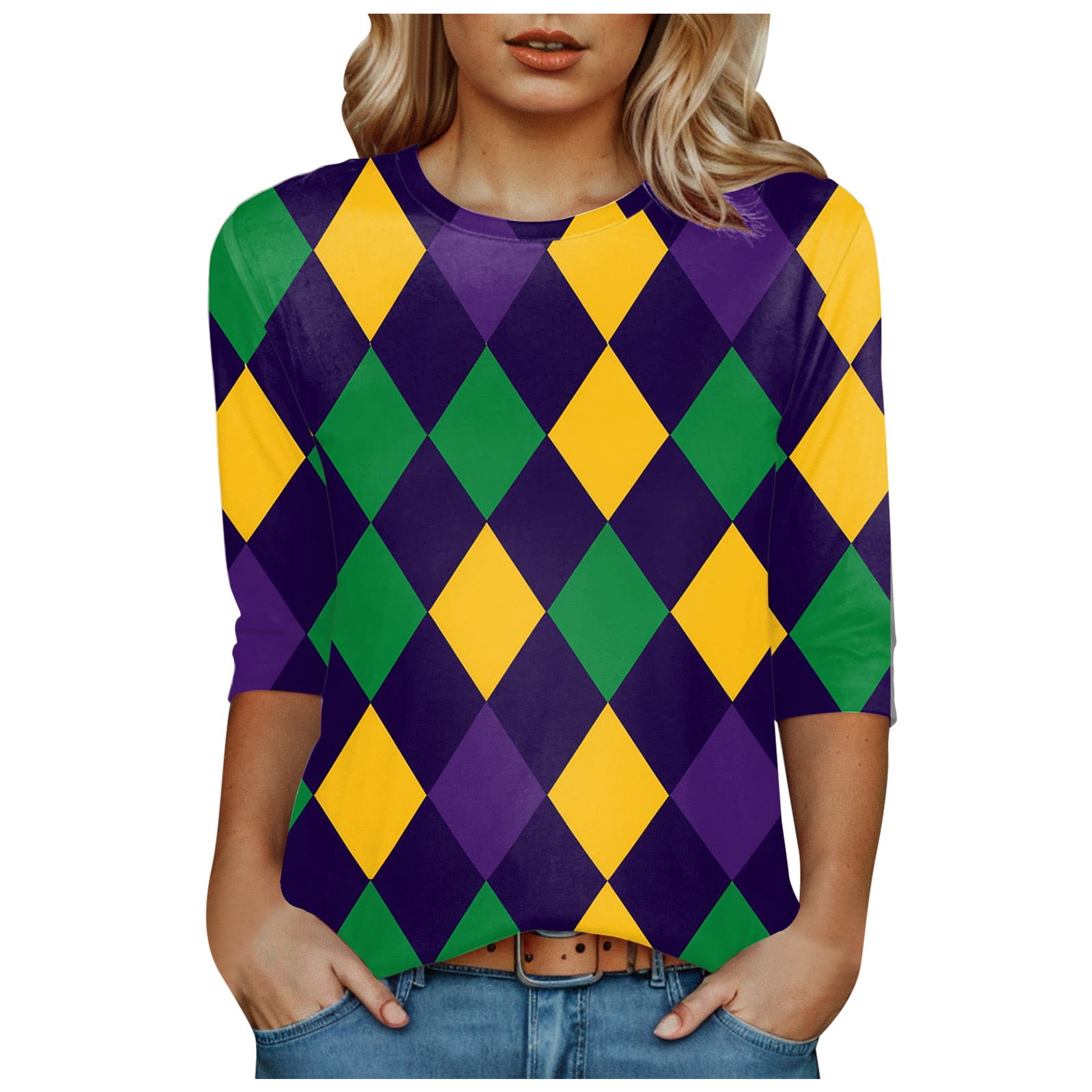 FhgihG Womens Mardi Gras Shirts 3/4 Sleeve Tops Fancy Mask Printed ...