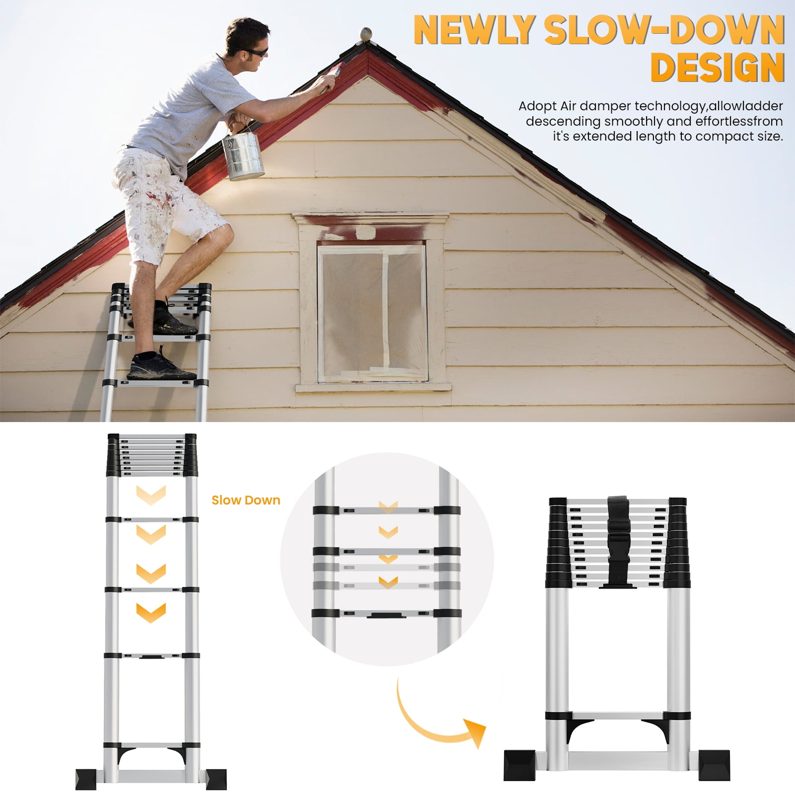 Fiabour 12.8ft Telescoping Extension Ladder,Bearing 330lbs Stainless ...