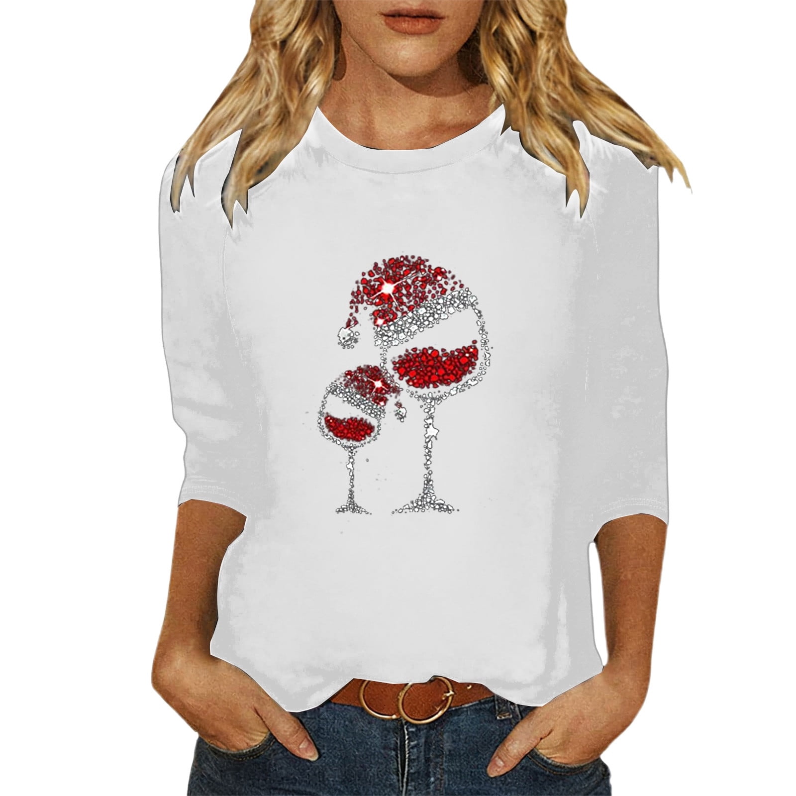 Fiaer Christmas T Shirts for Women V Neck Crew Neck Shine Wine Glass ...
