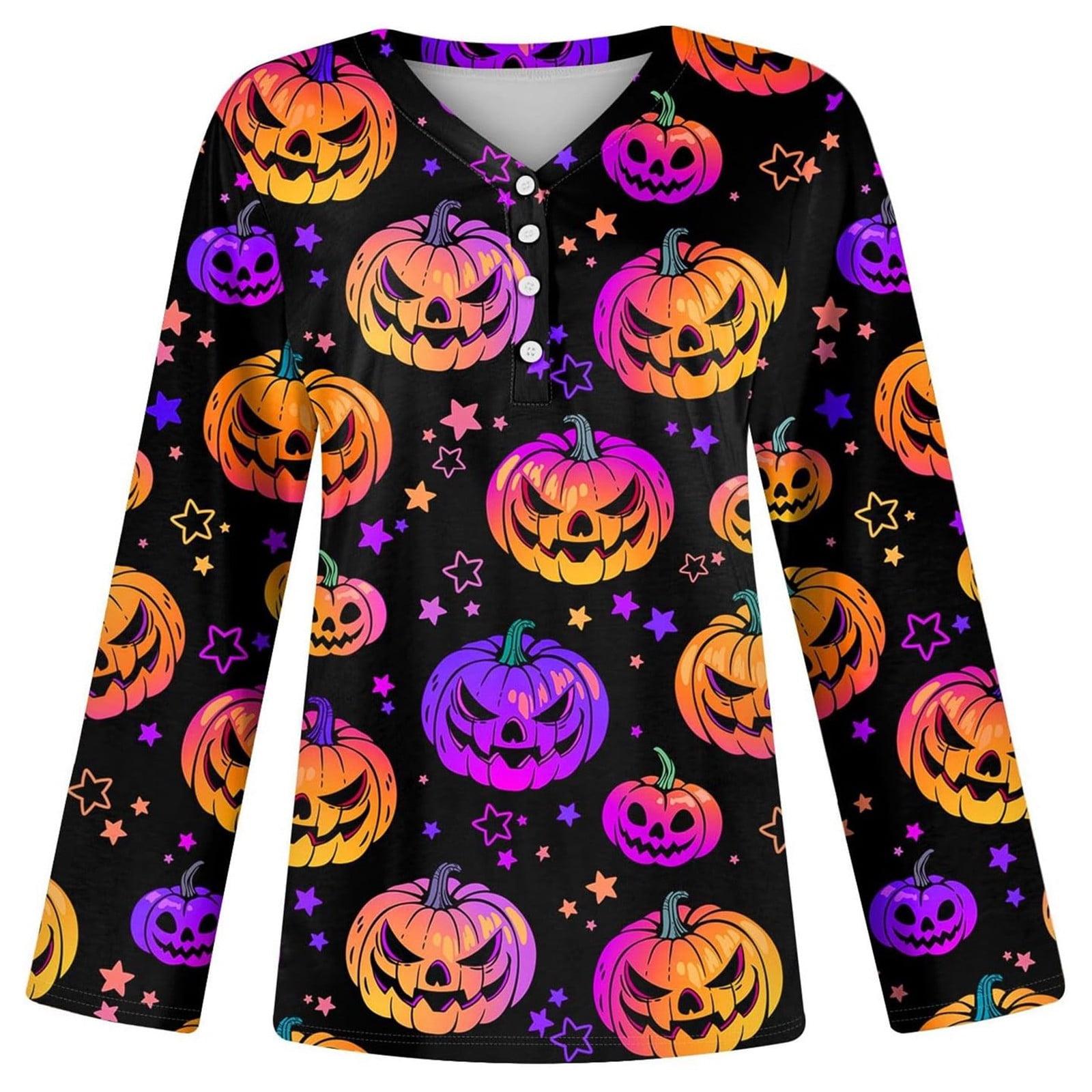 Fiaer,Ladies Long Sleeve Halloween Decorative Button Tunic Basic V-Neck ...