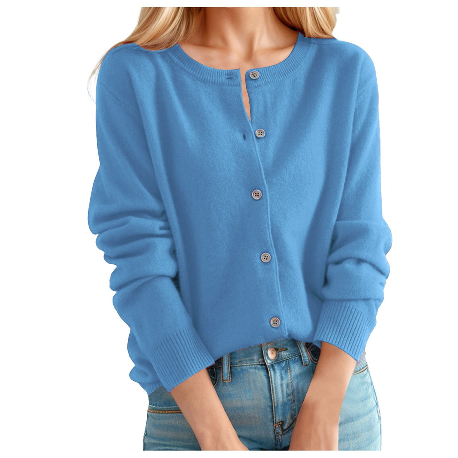 Fiaer Sweaters for Women Button Down Knit Crew Neck Long Sleeve Solid ...