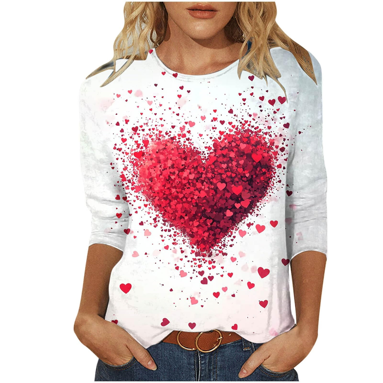 Fiaer Valentine Shirts for Women Dressy 3/4 Length Sleeve Tops Heart ...