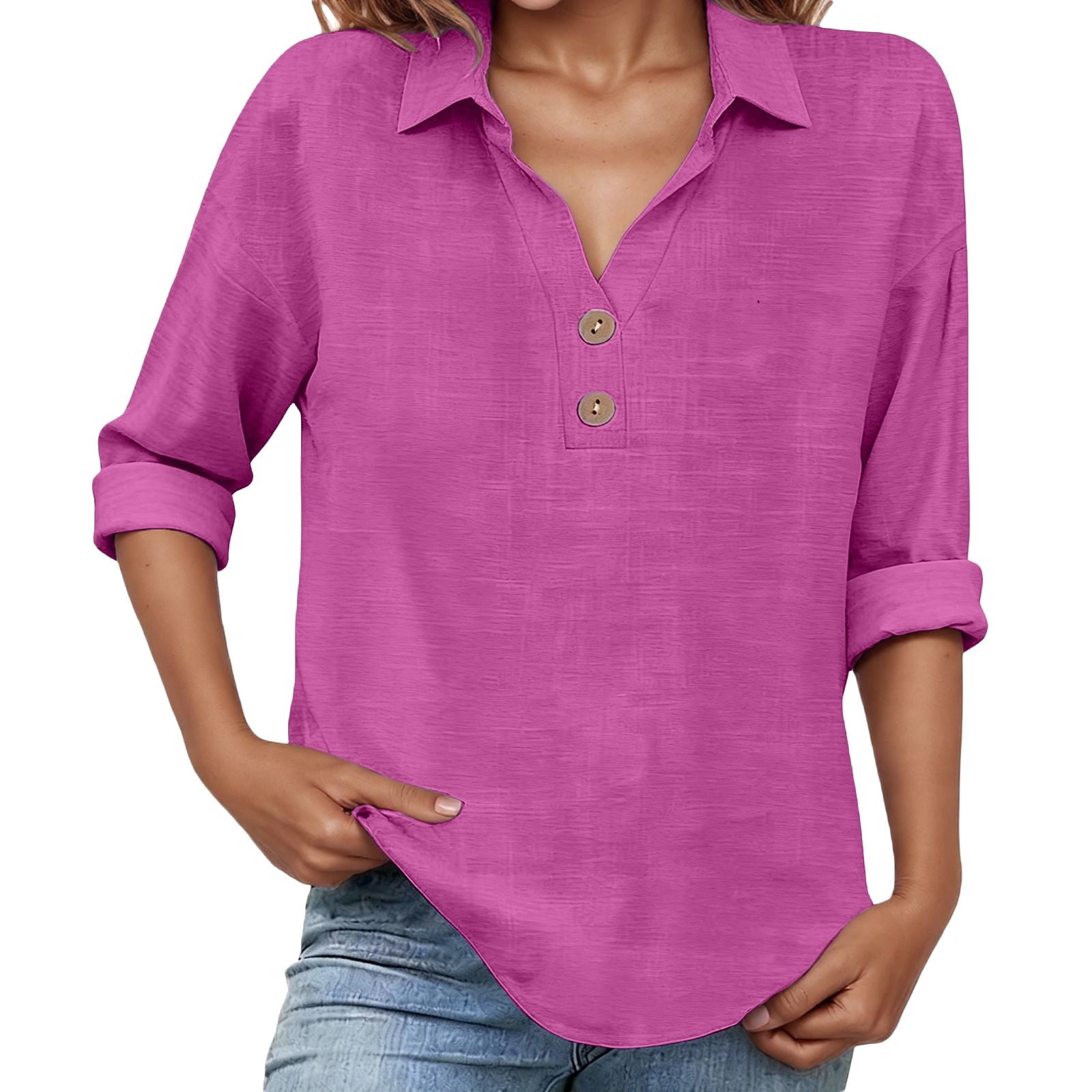 Fiaer Women's Cotton Linen Button up Shirts Plus Size Long Sleeve ...