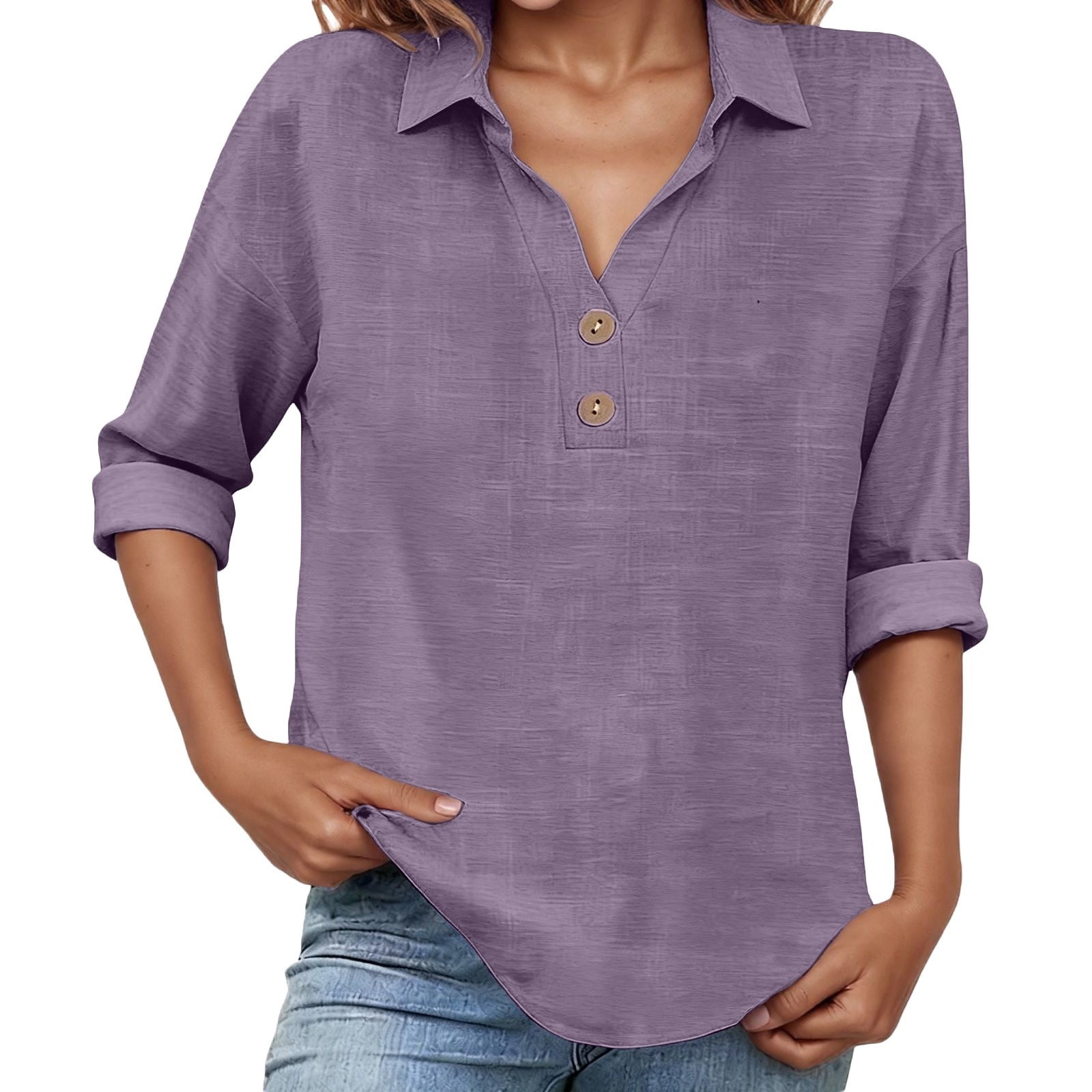 Fiaer Women's Cotton Linen Button up Shirts Plus Size Long Sleeve ...