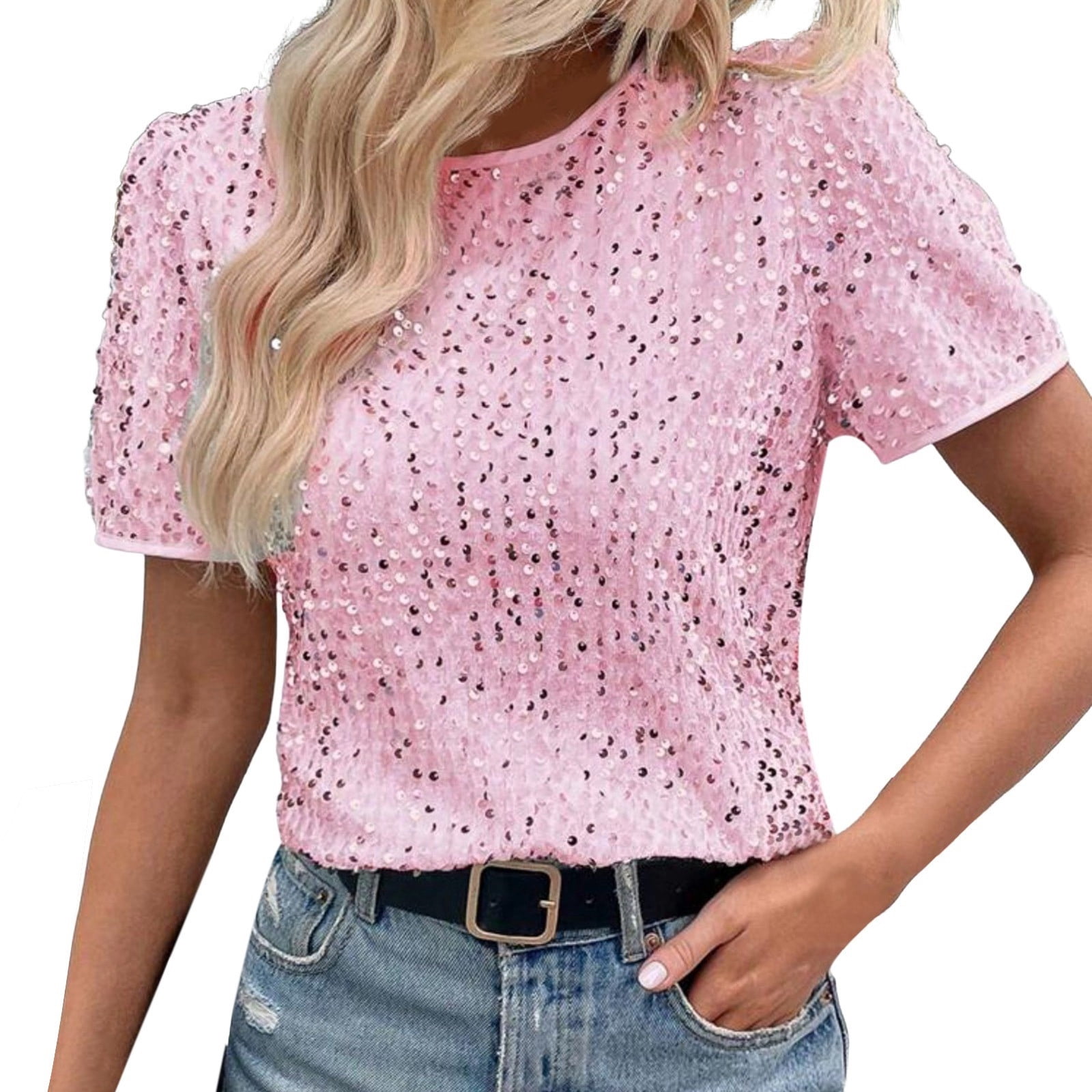 Fiaer Women's Sparkle Sequins T Shirts Casual Short Sleeve Tops Shimmer ...