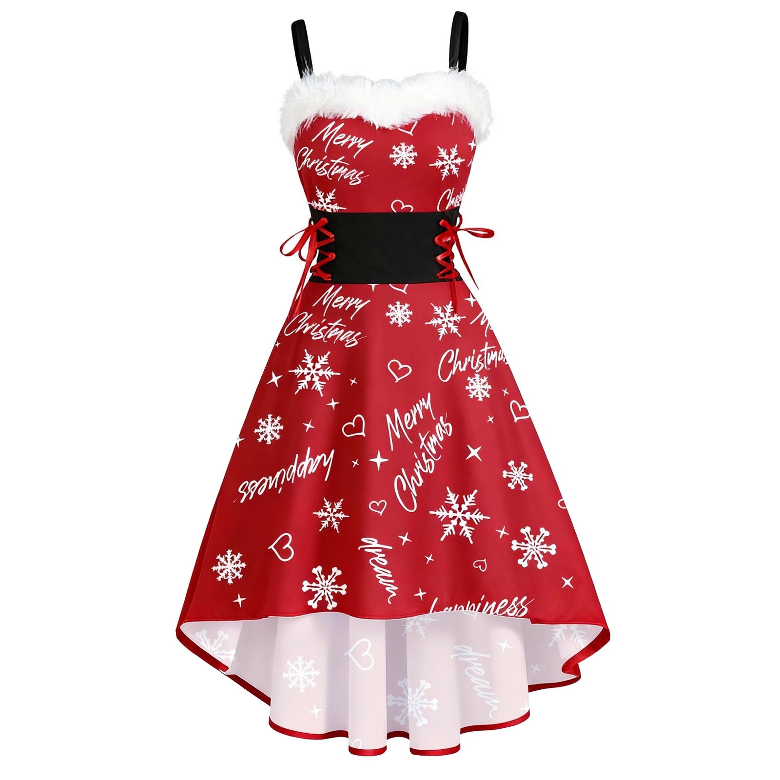 Fiaer Women's Suspend Dresses Christmas Theme Print Fuzzy Trim Splicing ...